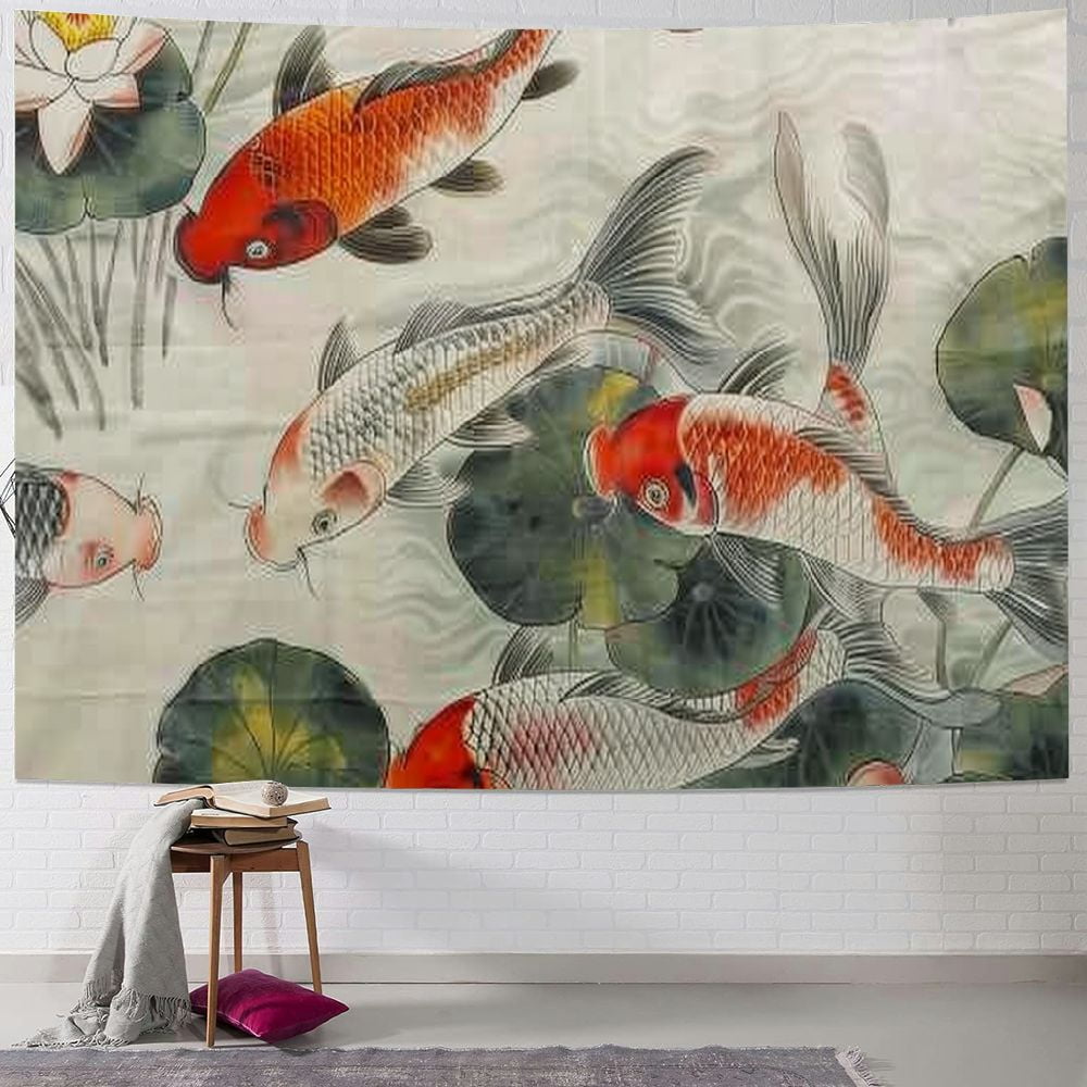 JRXY Landscape Asian Ink and Wash of Fish Aesthetic Tapestry for Living ...