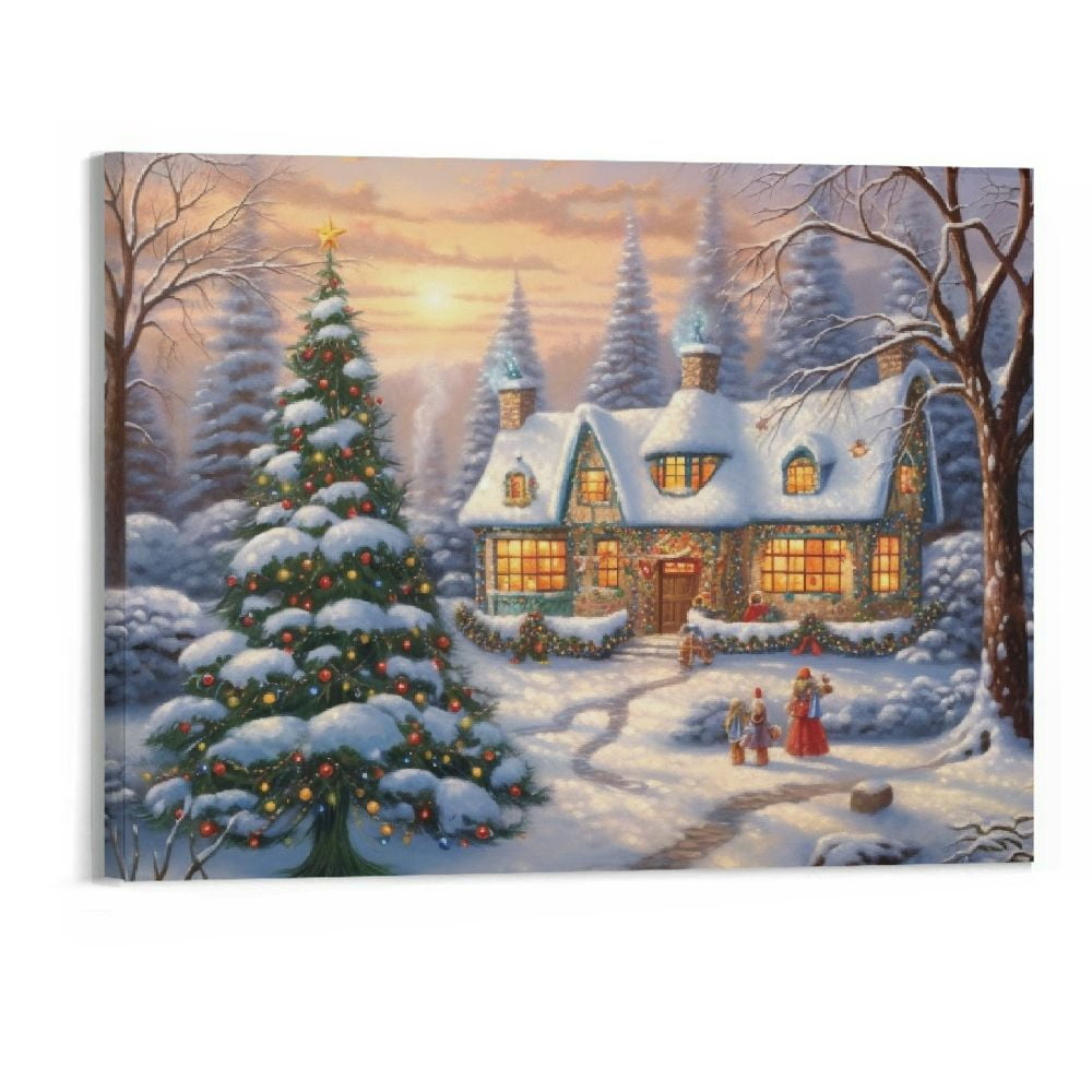 JRXY Large Christmas Wall Art Canvas Painting Winter Snow House Scene ...