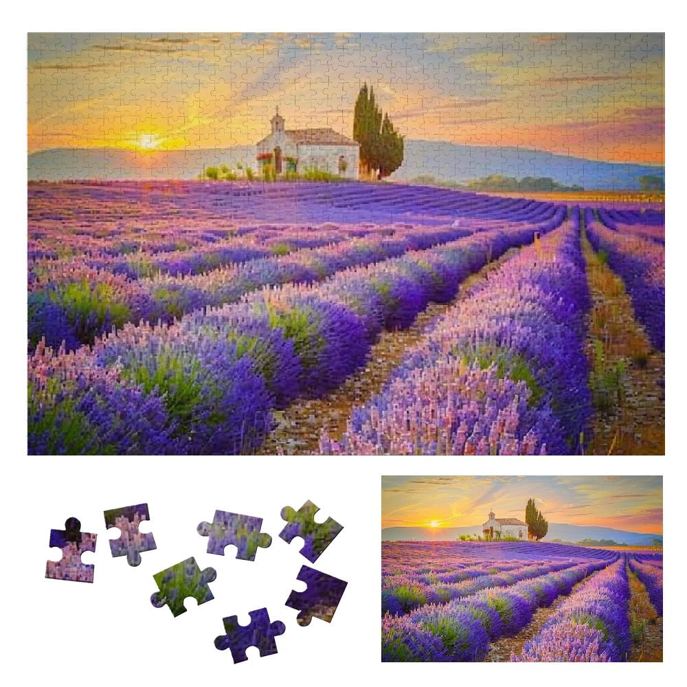 JRXY Lavender Field Church Sunset Wooden Jigsaw Puzzle for Adults and ...