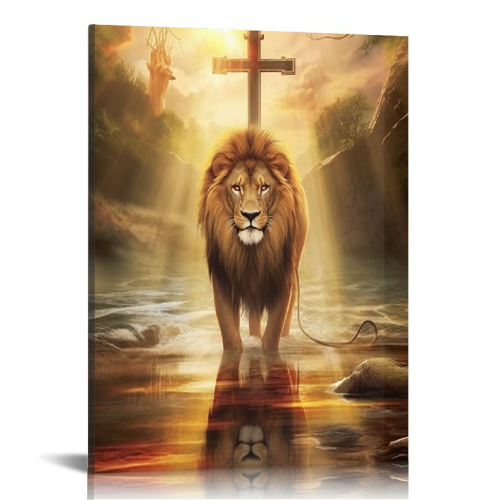 JRXY Lion and Lamb Wall Art Vintage Framed Artwork Canvas Abstract ...