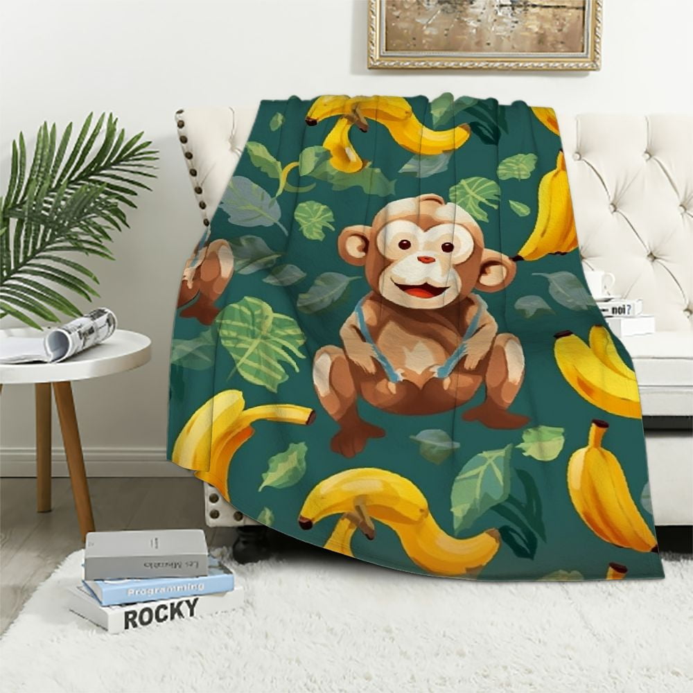 JRXY Monkey Throw Blanket Green Cute Soft Fuzzy Fleece Lightweight ...