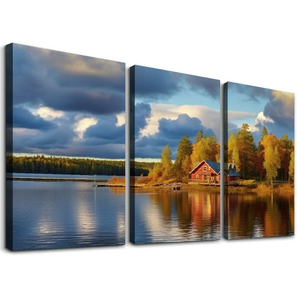 JRXY Nature Landscape Canvas Wall Art: Modern Lake Barn Picture ...