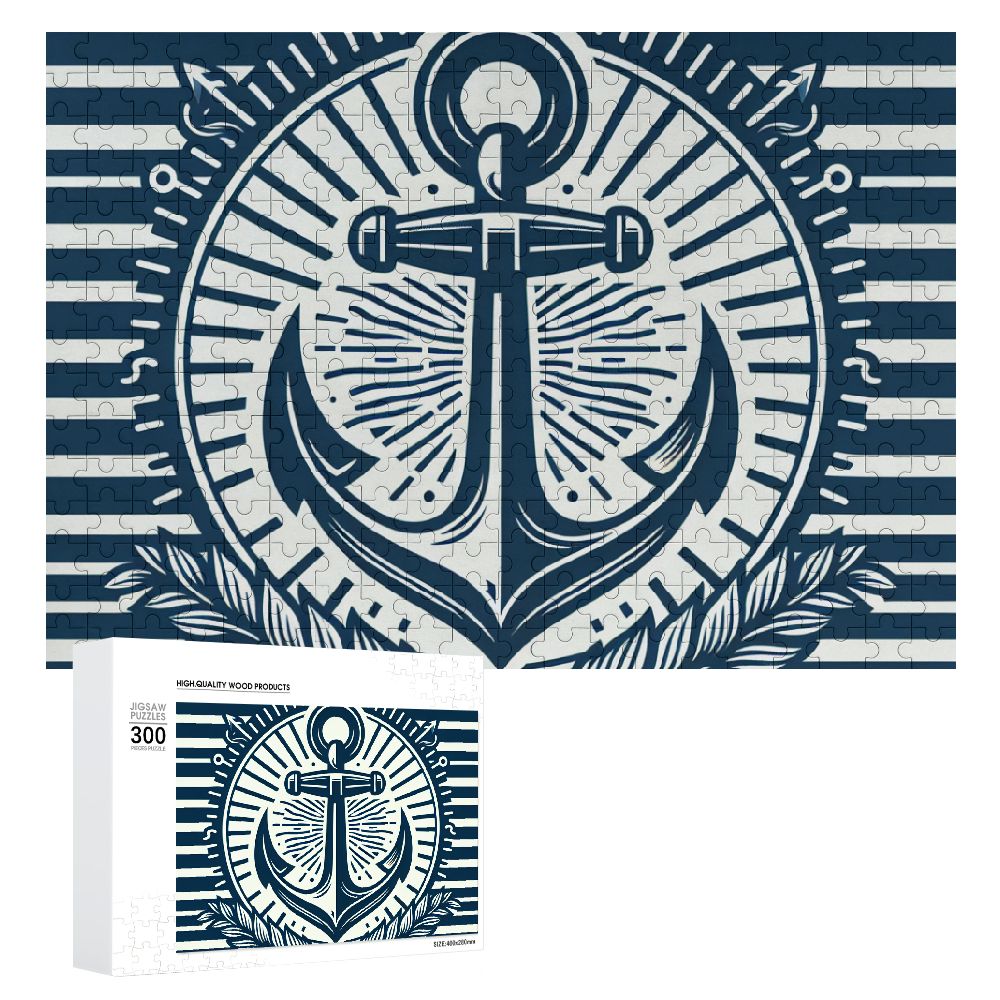 JRXY Nautical Anchor on Blue and White Stripes Wooden Jigsaw Puzzle 300 ...