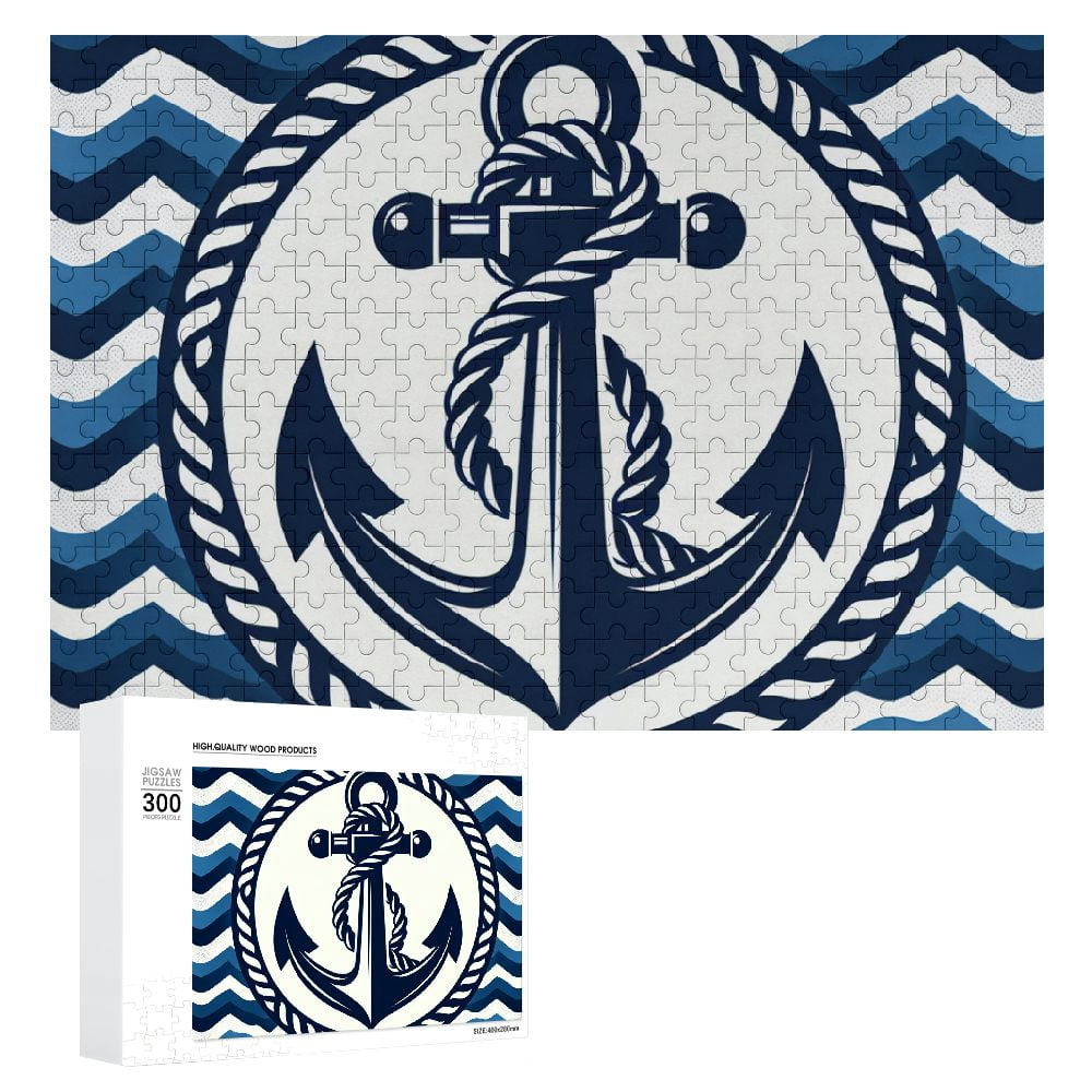 JRXY Nautical Anchor on Blue and White Waves Wooden Jigsaw Puzzle for ...