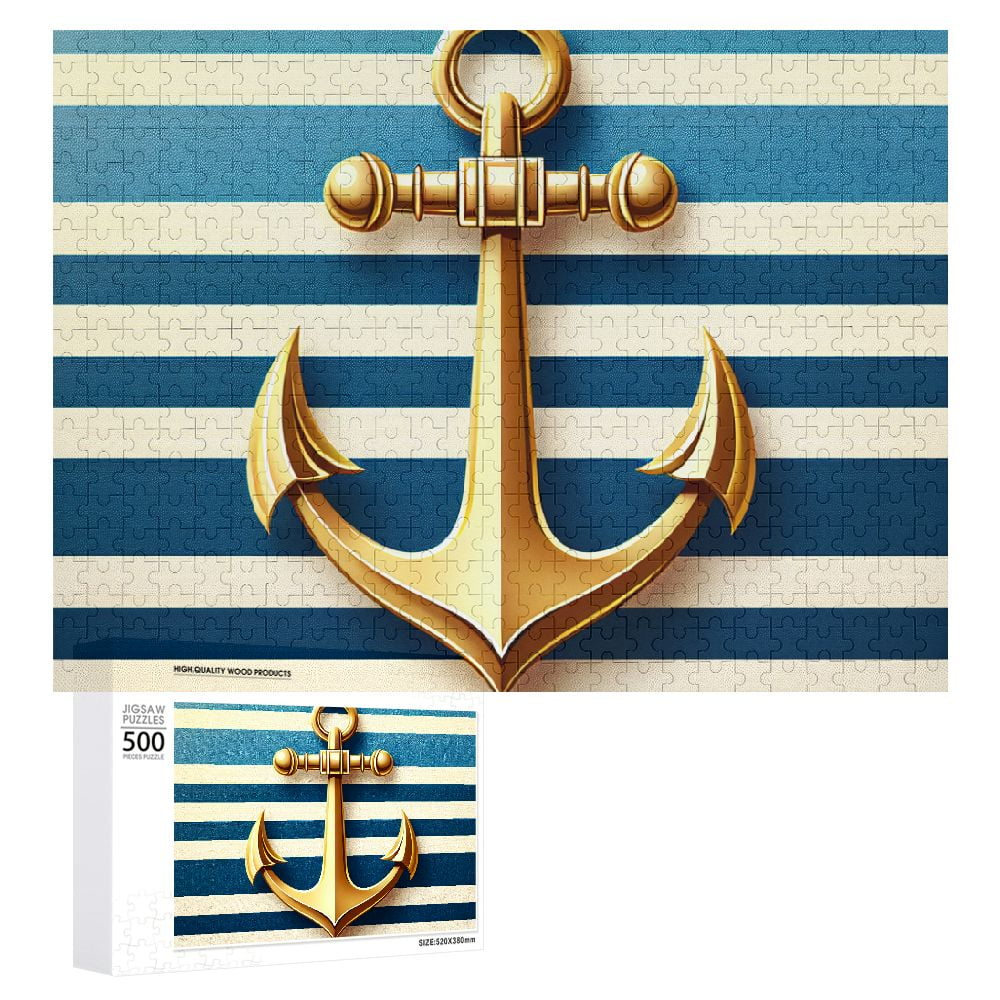 JRXY Nautical Decorative, Stripes and Gold Anchor Pattern Wooden Jigsaw ...