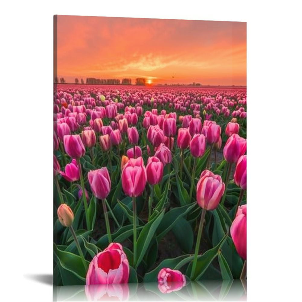 JRXY Pink Tulips Wall Art Canvas Painting Sunset Vibrant Tulip Fields ...