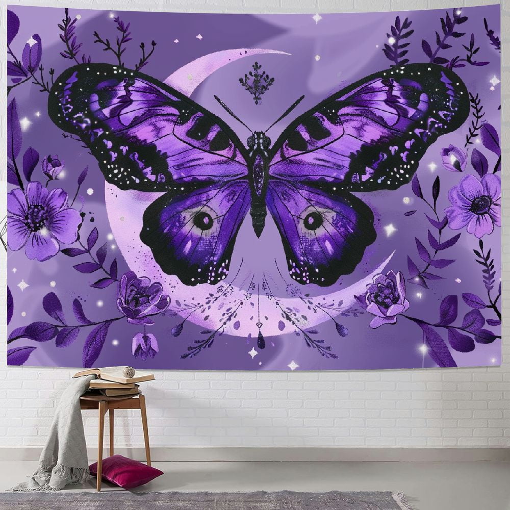 JRXY Purple Butterfly Tapestry Wall Hanging Floral Plant Botanical ...