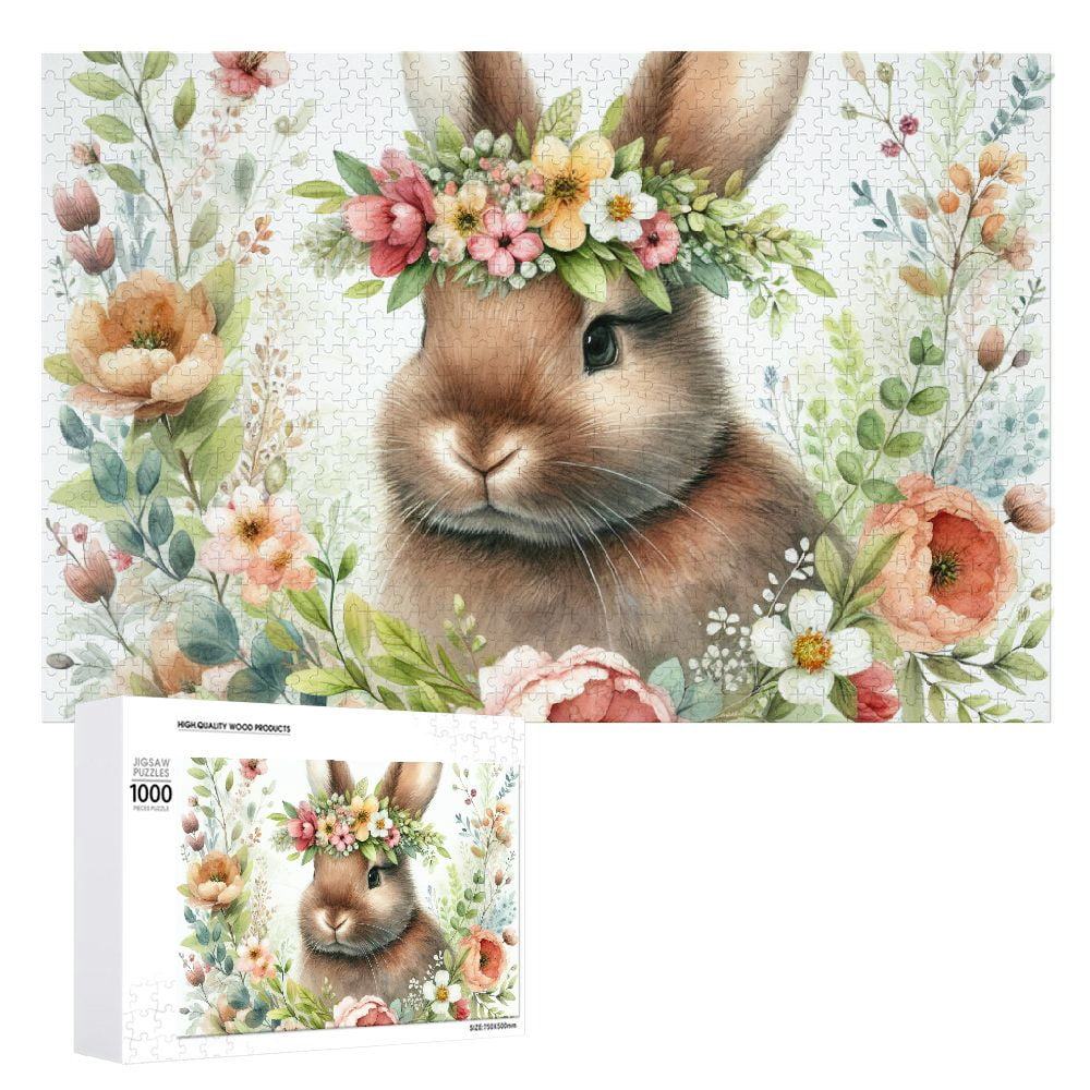 JRXY Rabbit with Flower Animals Bunny Grass Floral Wood Puzzle Game Toy ...