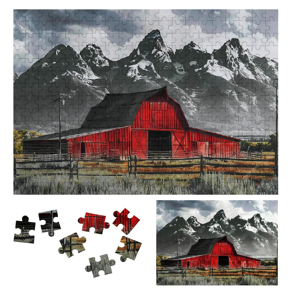 JRXY Red Barn, Mountain Range Wooden Jigsaw Puzzle for Adults and Kids ...