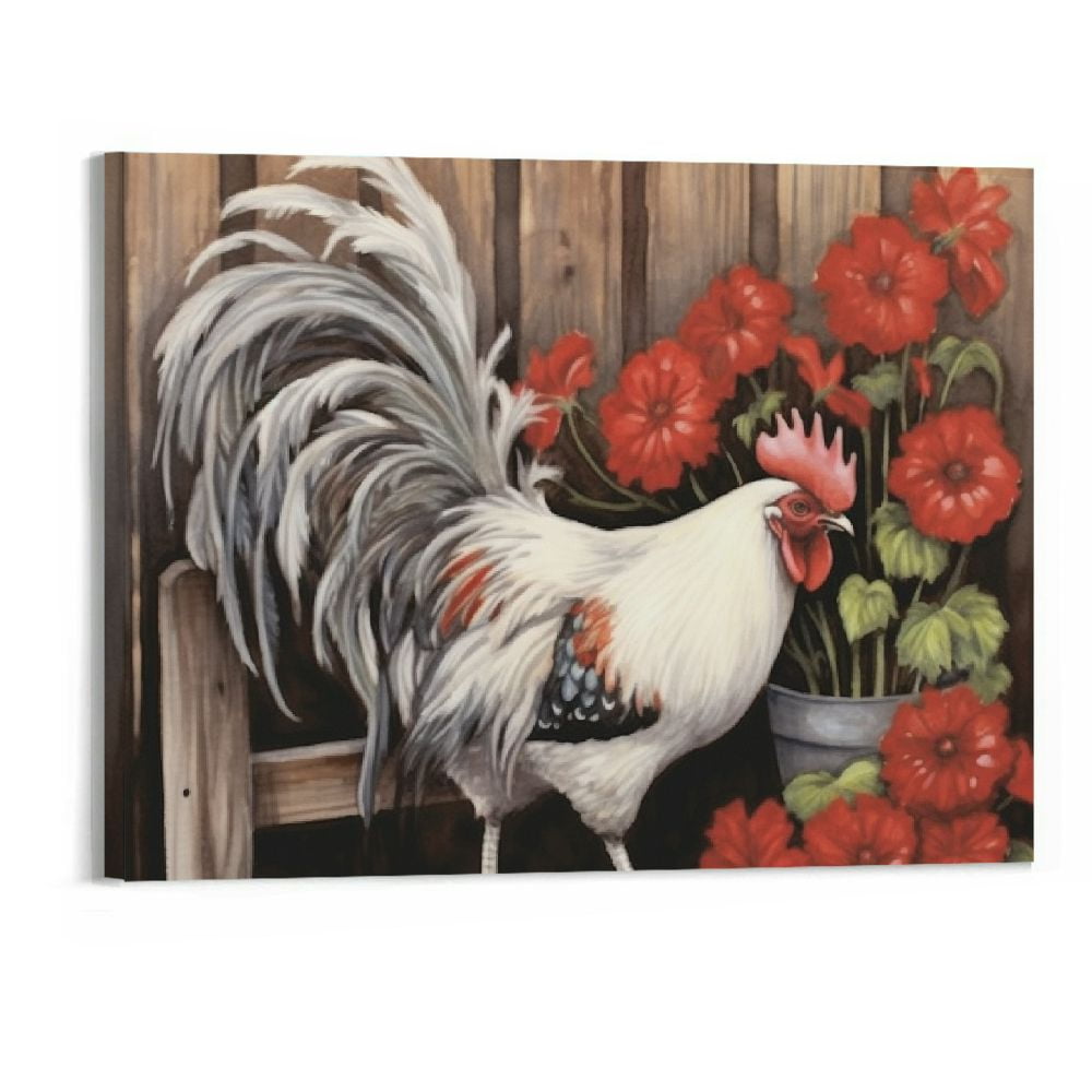 JRXY Red Barn Rooster Canvas Wall Art Print, Rooster Artwork Picture 2 ...