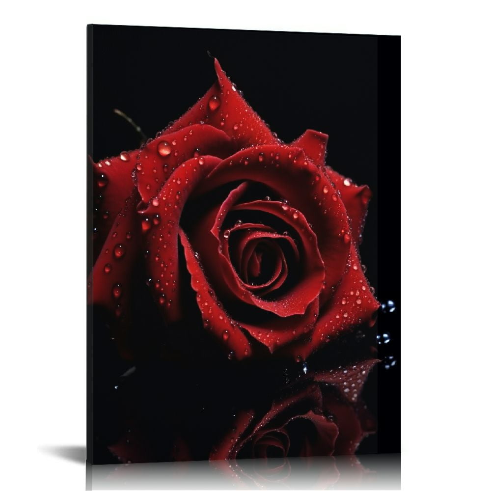 JRXY Red Rose Canvas Wall Art Flower Blossoming on Black Background ...
