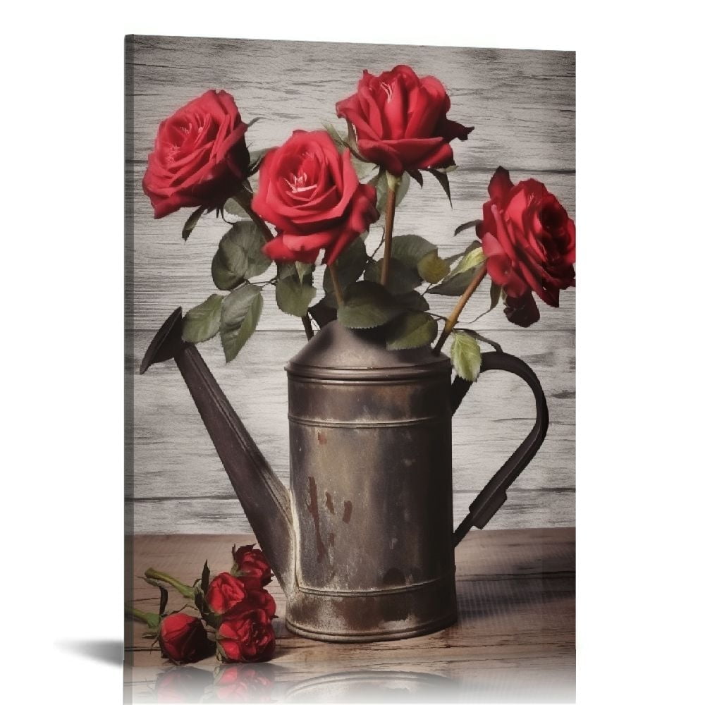 JRXY Red Rose Canvas Wall Art: Rustic Black White Flower Framed Bedroom ...