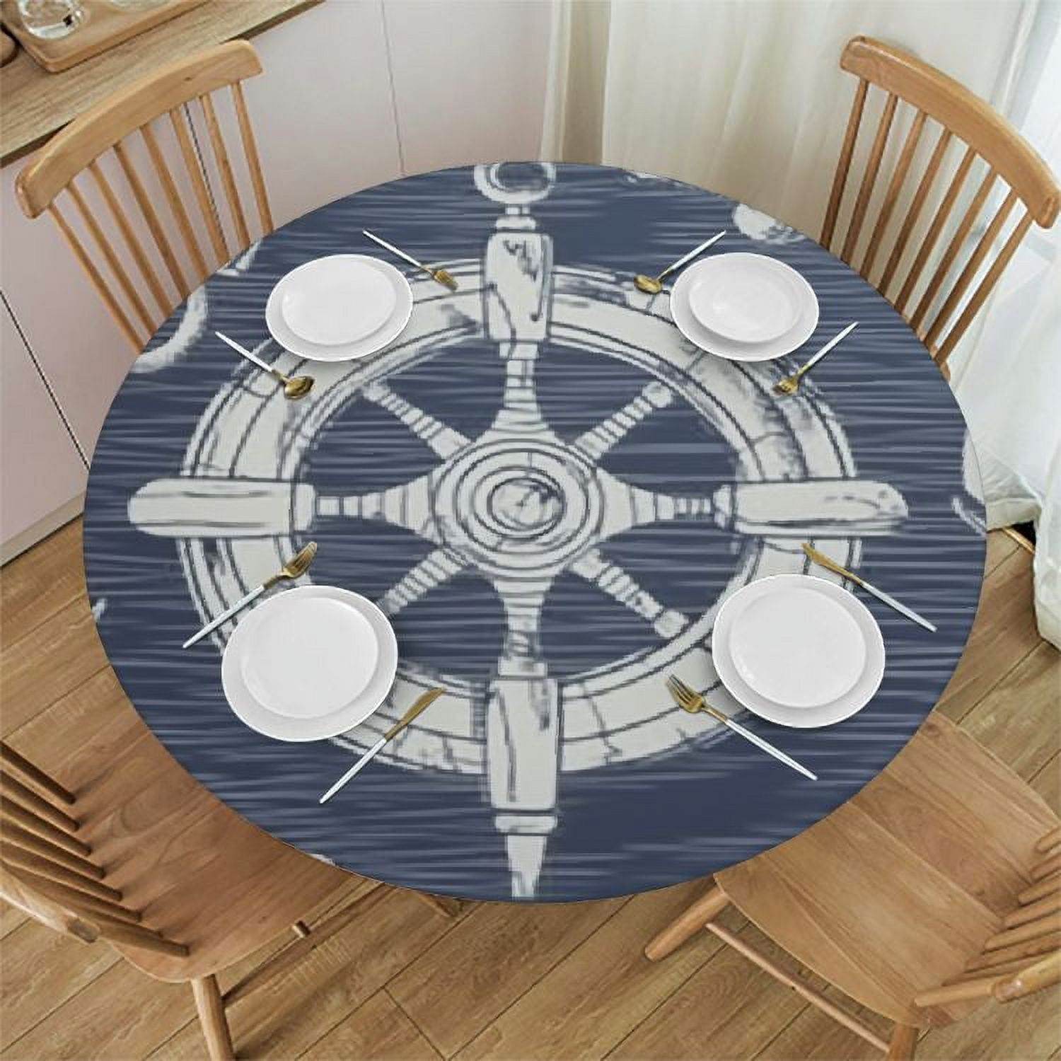 JRXY Round Tablecloth Fitted Table Cover,Nautical Anchor Starfish Fish ...