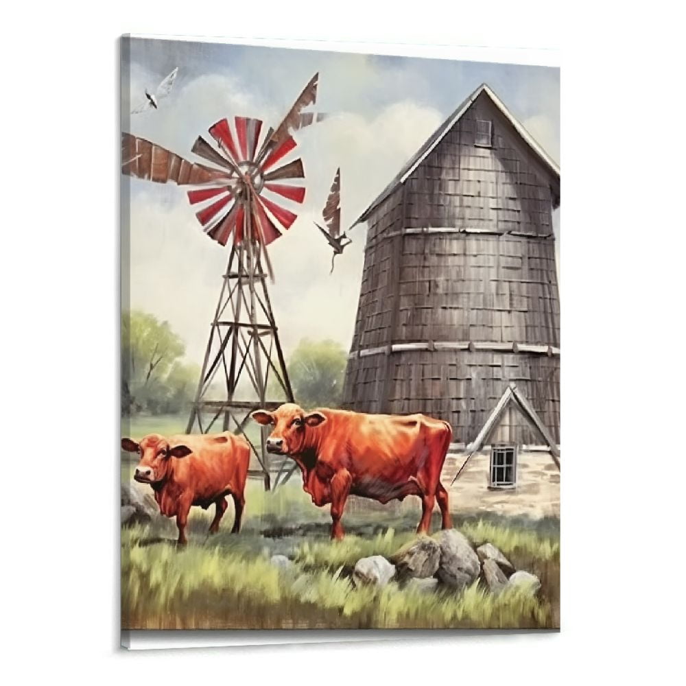 JRXY Rustic Country Wall Art Red Barn Pictures Farmhouse Windmills ...