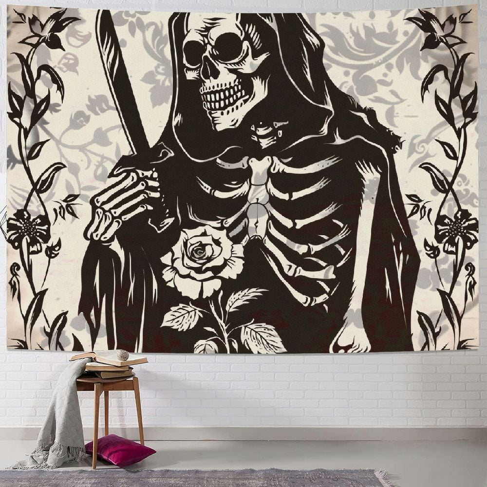 JRXY Skull Wall Hanging Grim Reaper Floral Tapestry Gothic Tarot Card ...
