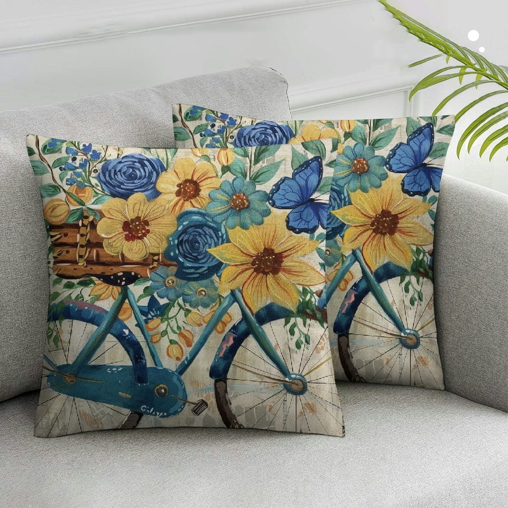 JRXY Spring Summer Blue Flower Bicycle Lumbar Decorative Throw Pillow Cover, Floral Rose Bike ...