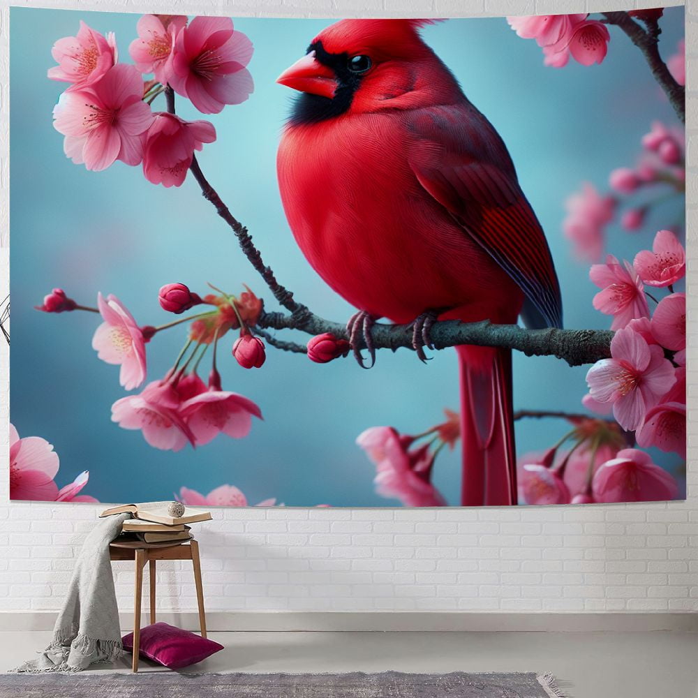JRXY Spring Summer Red Cardinal Birds Pink Flowers Tapestry Painting ...