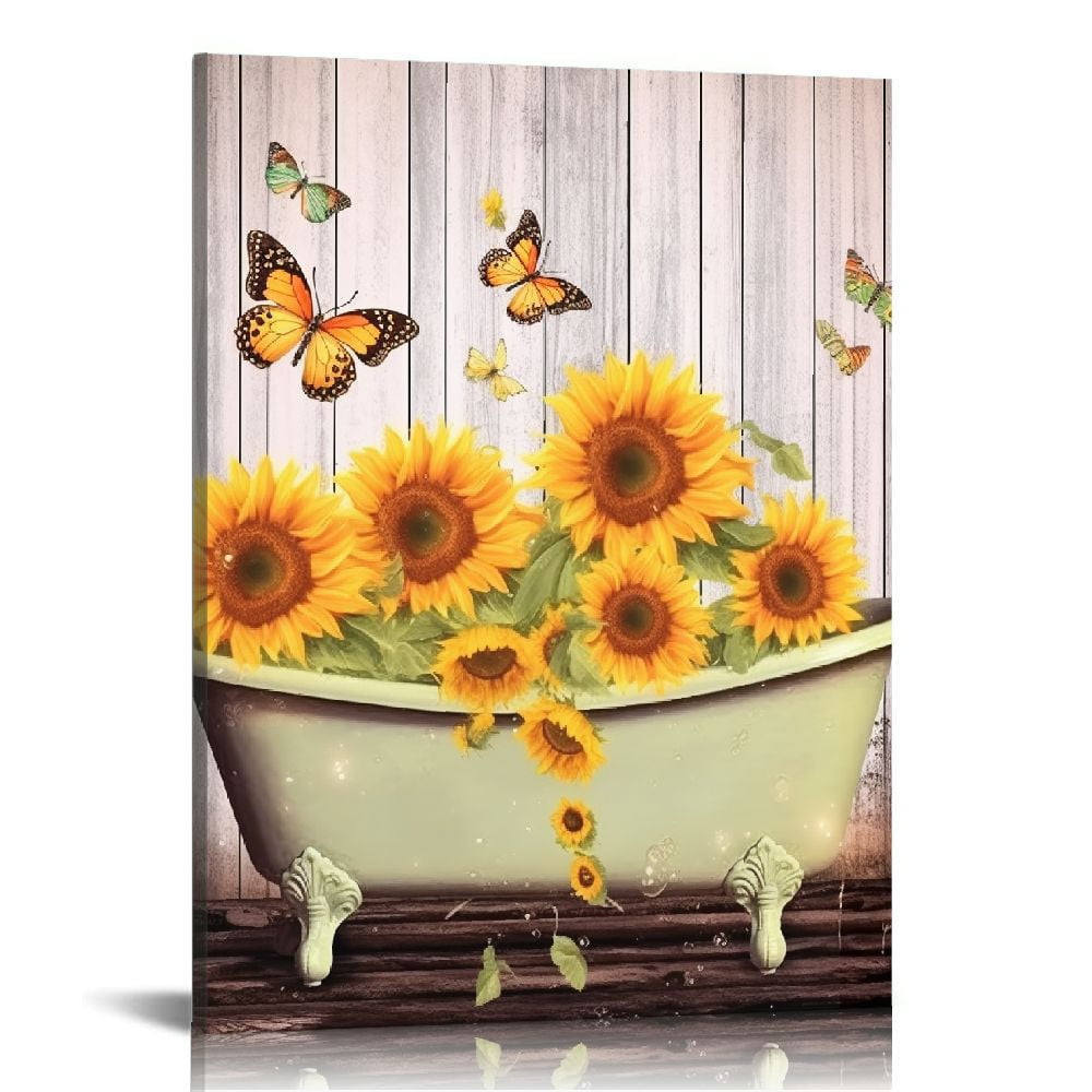 JRXY Sunflower Bathroom Wall Art Sunflower Butterfly Bathtub Canvas ...