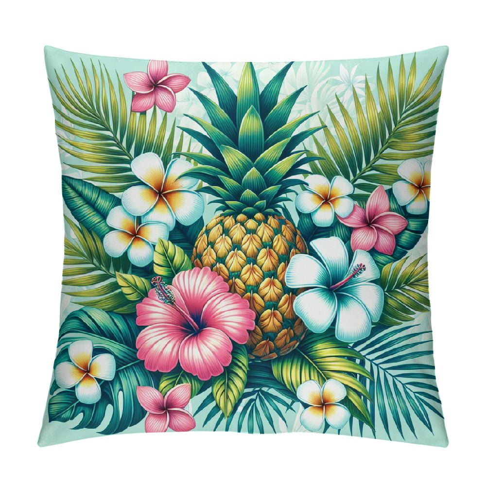 JRXY Tropical Pineapple Throw Pillow Cover Flora Flower Green Palm Tree Leave Decorative Modern ...