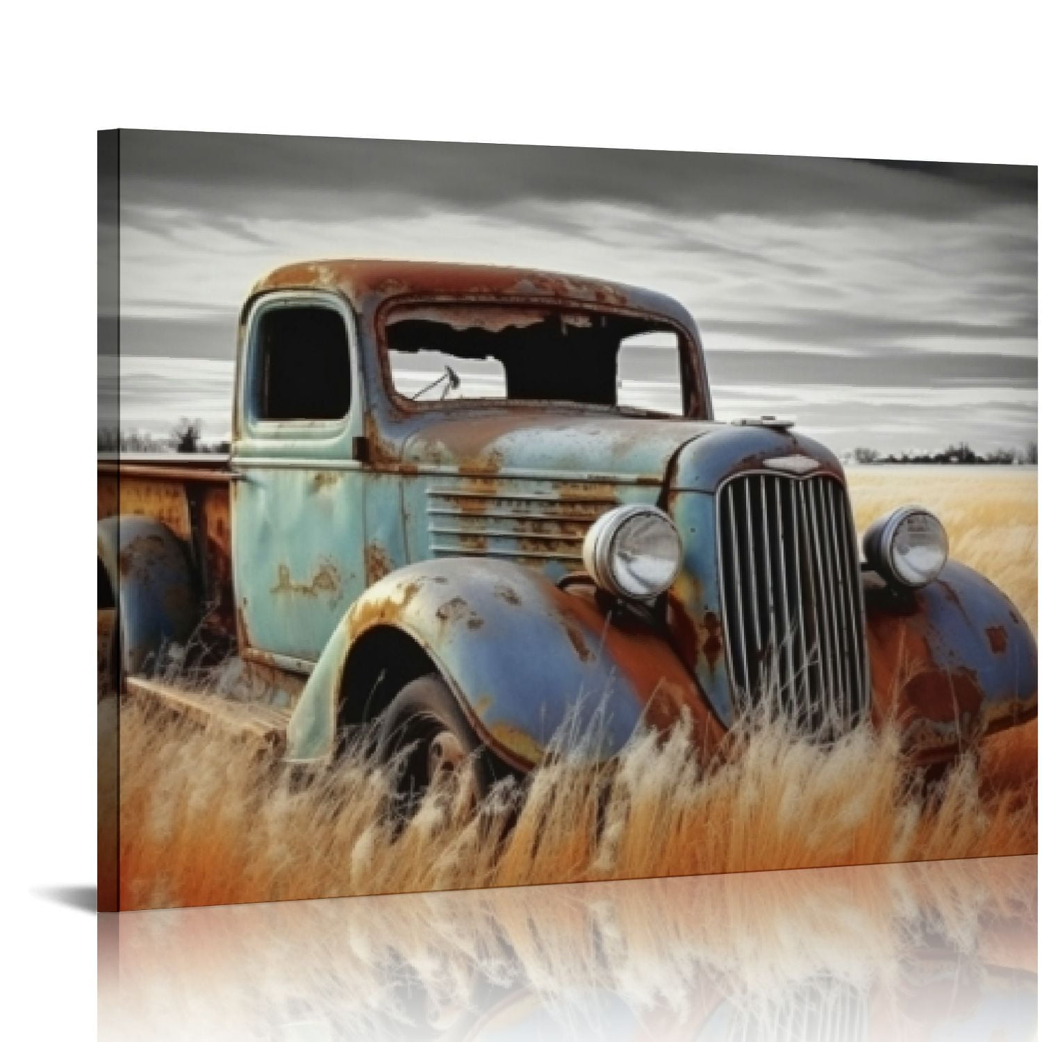 JRXY Truck Wall Art Wooden Framed: Rusty Blue Old Car Picture Rustic ...
