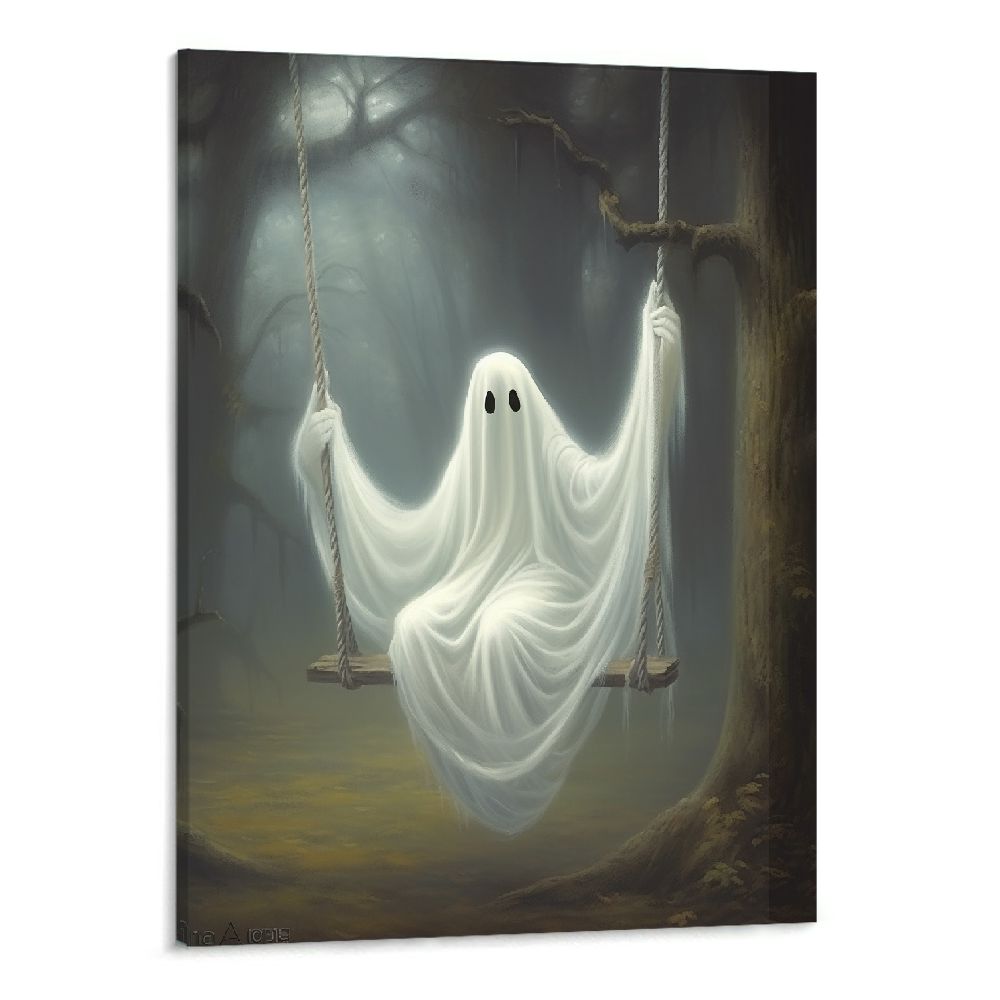 JRXY Vintage Cute Ghost Canvas Wall Art Funny Ghost on a Swing in the ...