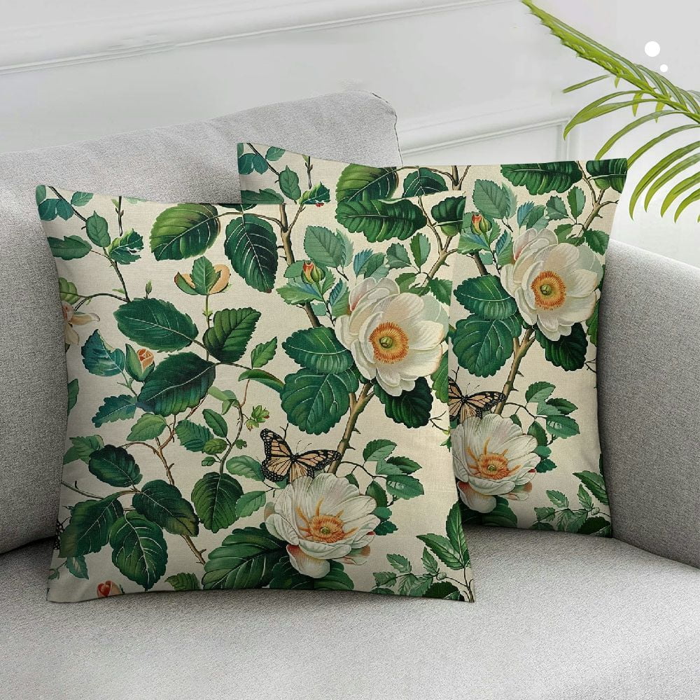 JRXY Vintage Floral Throw Pillow Covers Flower Butterfly Green ...