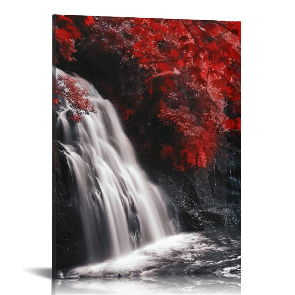 JRXY Waterfall - Wall Art Black White Red Landscape Canvas Wall Art,Red ...
