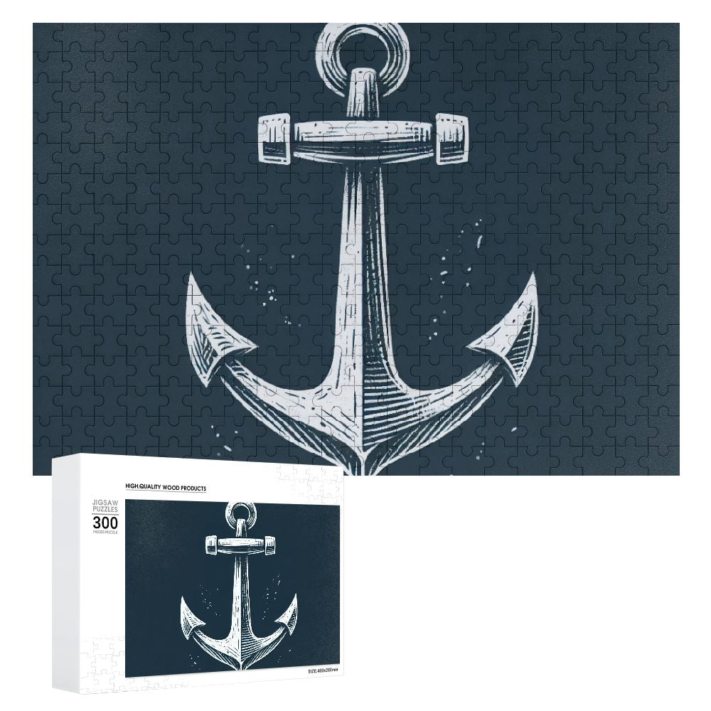 JRXY White Nautical Anchor Navy Blue Background Square Wood Puzzle for ...