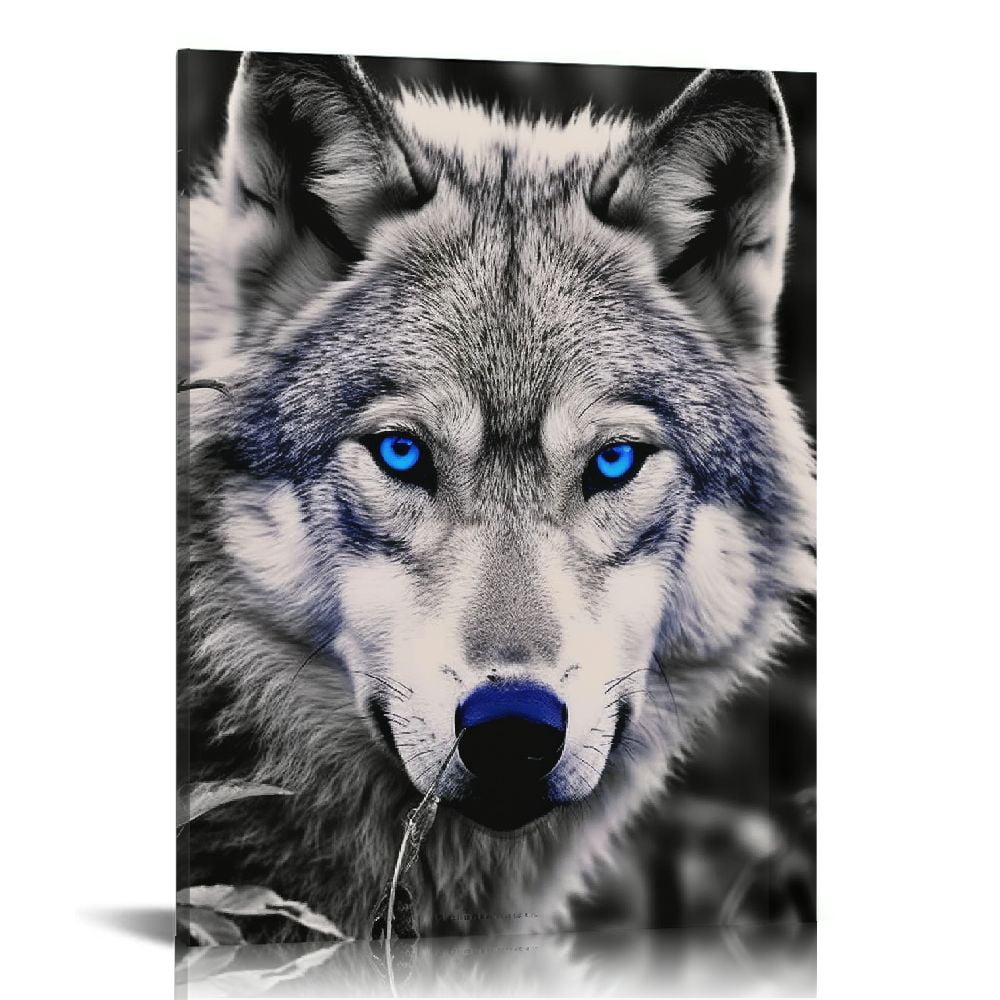 JRXY Wildlife Animal Canvas Wall Art Black White Wolf with Blue Eyes ...