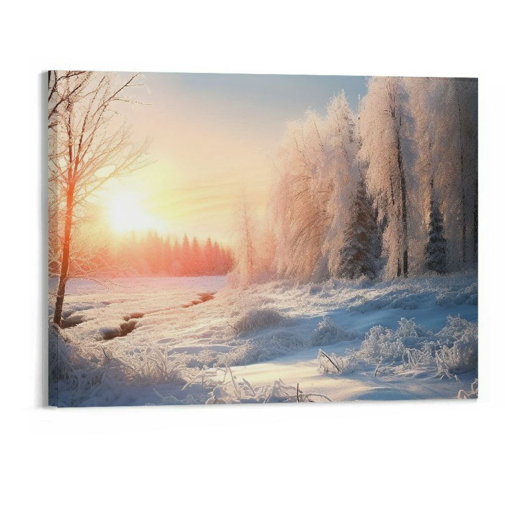 JRXY Winter Tree Canvas Wall Art Snow Covered Winter Forest Sunrise ...