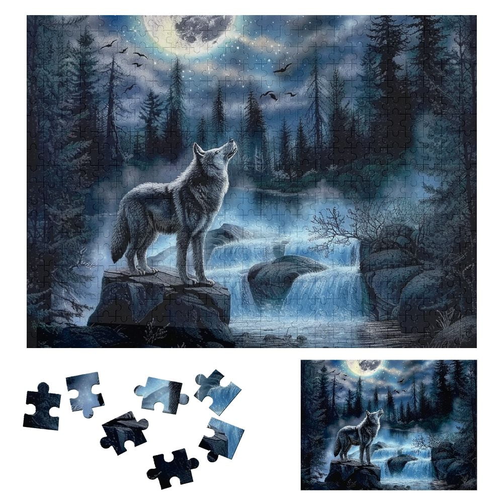 JRXY Wolf Full Moon Forest Wooden Jigsaw Puzzle for Adults and Kids ...