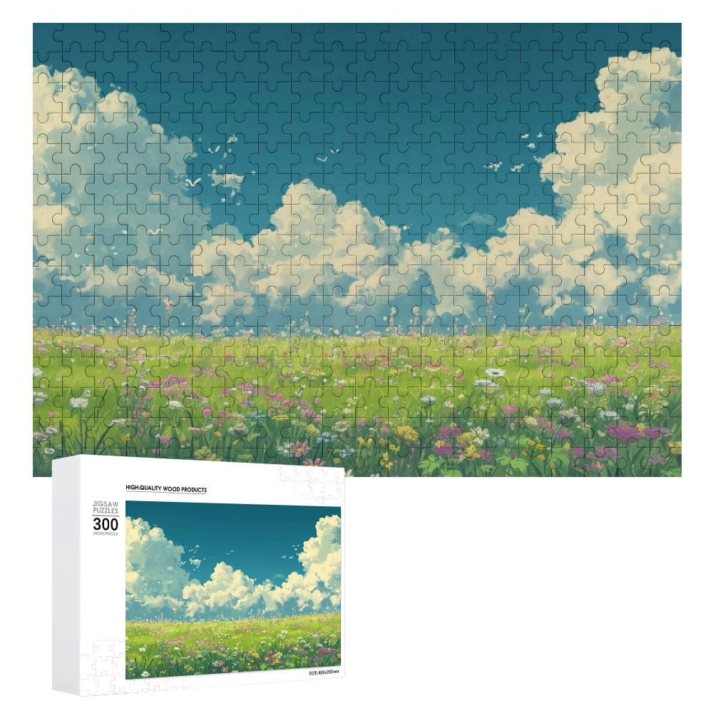 JRXY Wooden Jigsaw Puzzle - Fields of Wildflowers and Huge Clouds ...