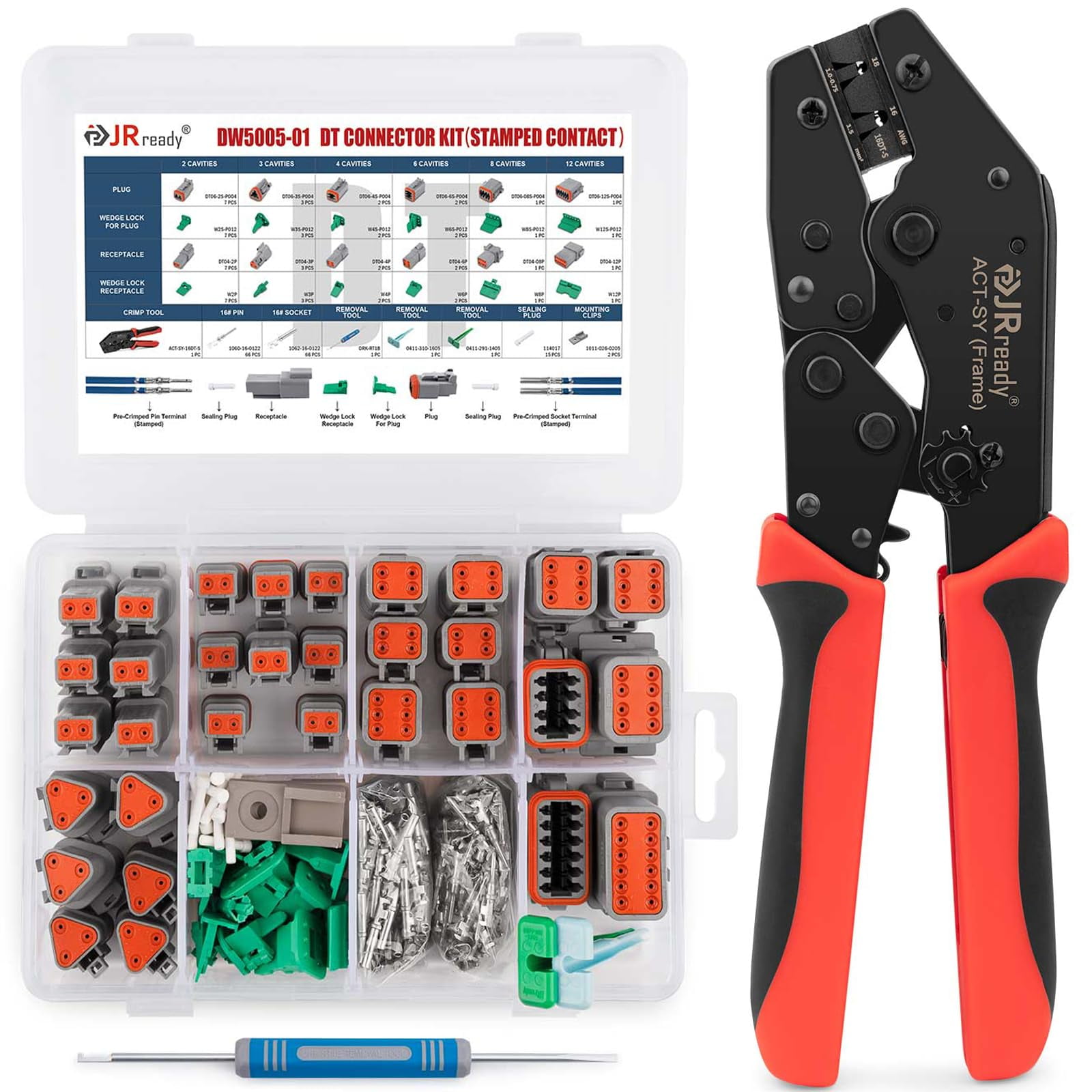 JRready DW5005-01 Deutsch Connector Crimping Tool Kit with Crimper,2 Pin Connector,3 4 6 8 12 ...