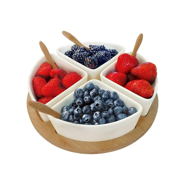 JS Gourmet 4 Ceramic Bowls and Bamboo Divided Serving Platter with ...