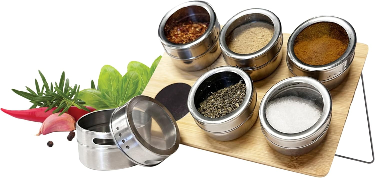 JS Gourmet 6 Round Pcs Magnetic Stainless Steel Spice Canister Jar Set ...