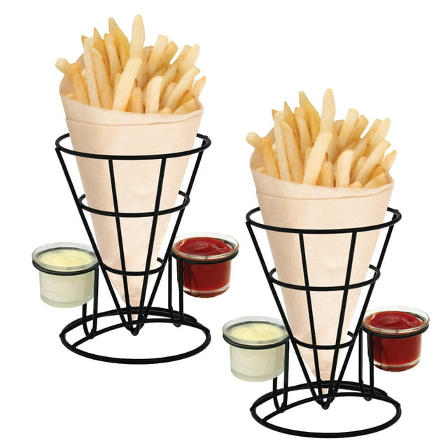 JS Gourmet French Fry Holder Cone with 2 Condiment Dip Bowls, Steel ...