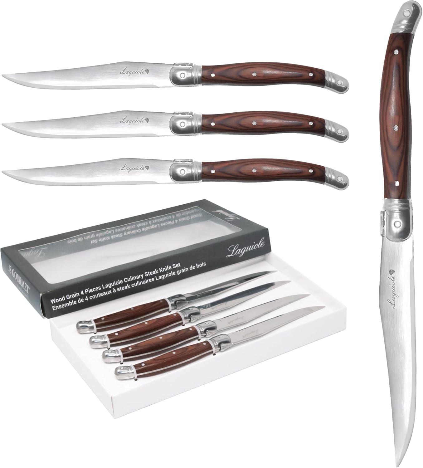 JS Gourmet Laguiole Steak Knives Set of 4, Stainless Steel Non Serrated ...