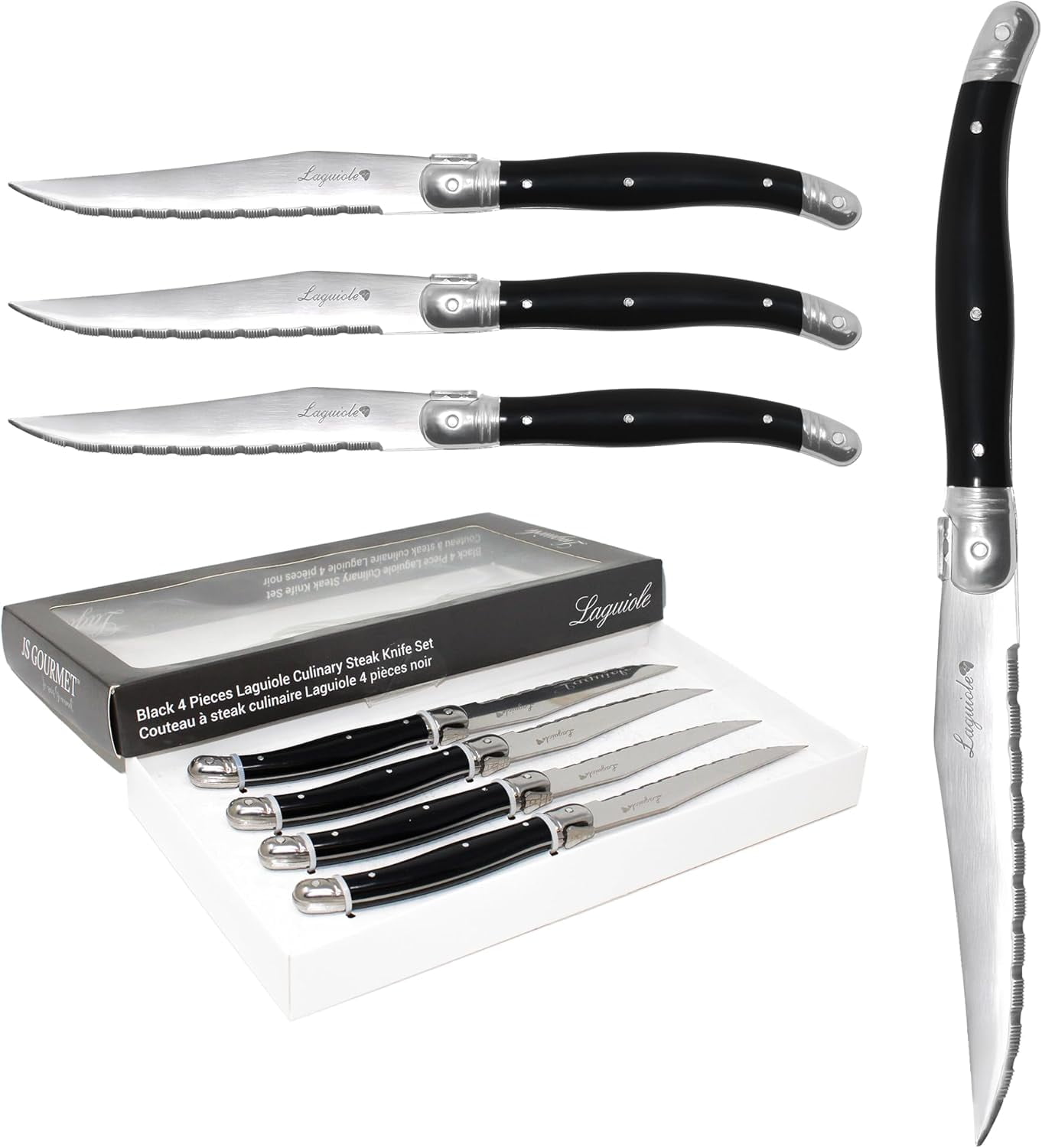 JS Gourmet Laguiole Steak Knives Set of 4, Stainless Steel Serrated ...