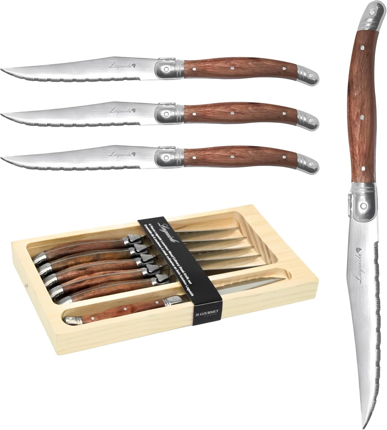 JS Gourmet Laguiole Steak Knives Set of 6, Stainless Steel Serrated ...