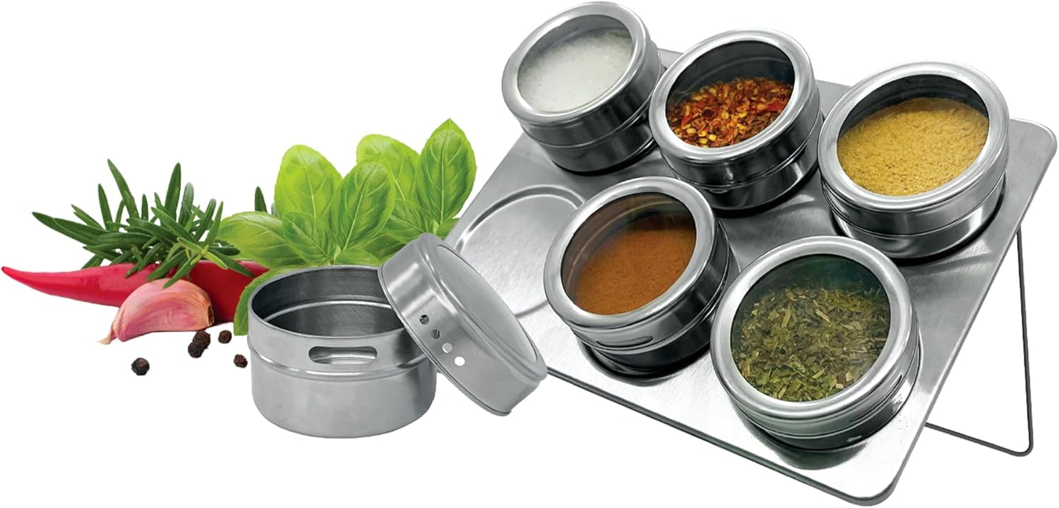JS Gourmet - Set of 6 Magnetic Spice Jars with Storage Tray, Stainless ...