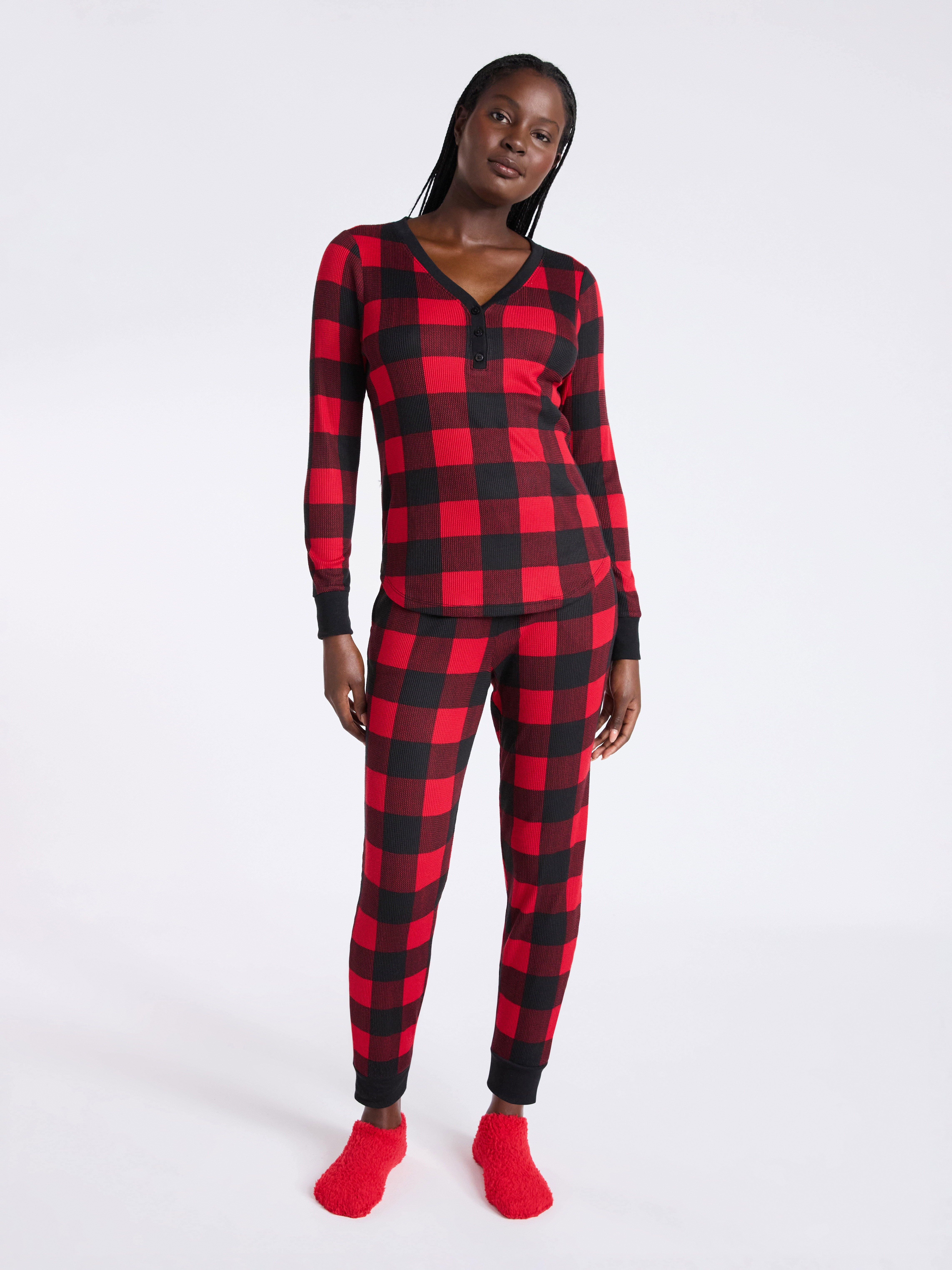 Joyspun Women's Waffle Long Sleeve Henley Sleep Top, Jogger, and Socks ...