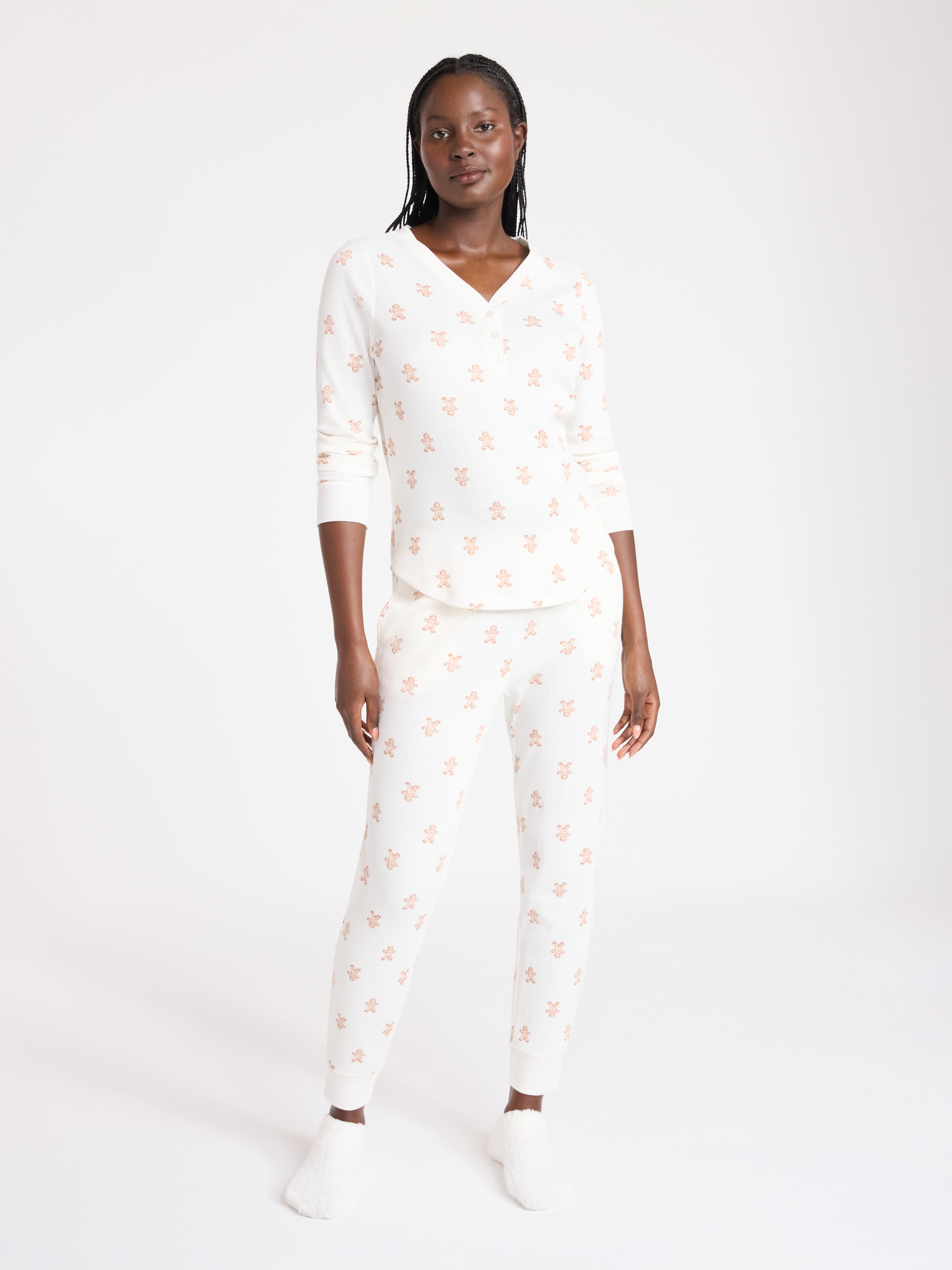 Joyspun Women's Waffle Long Sleeve Henley Sleep Top, Jogger, and Socks ...