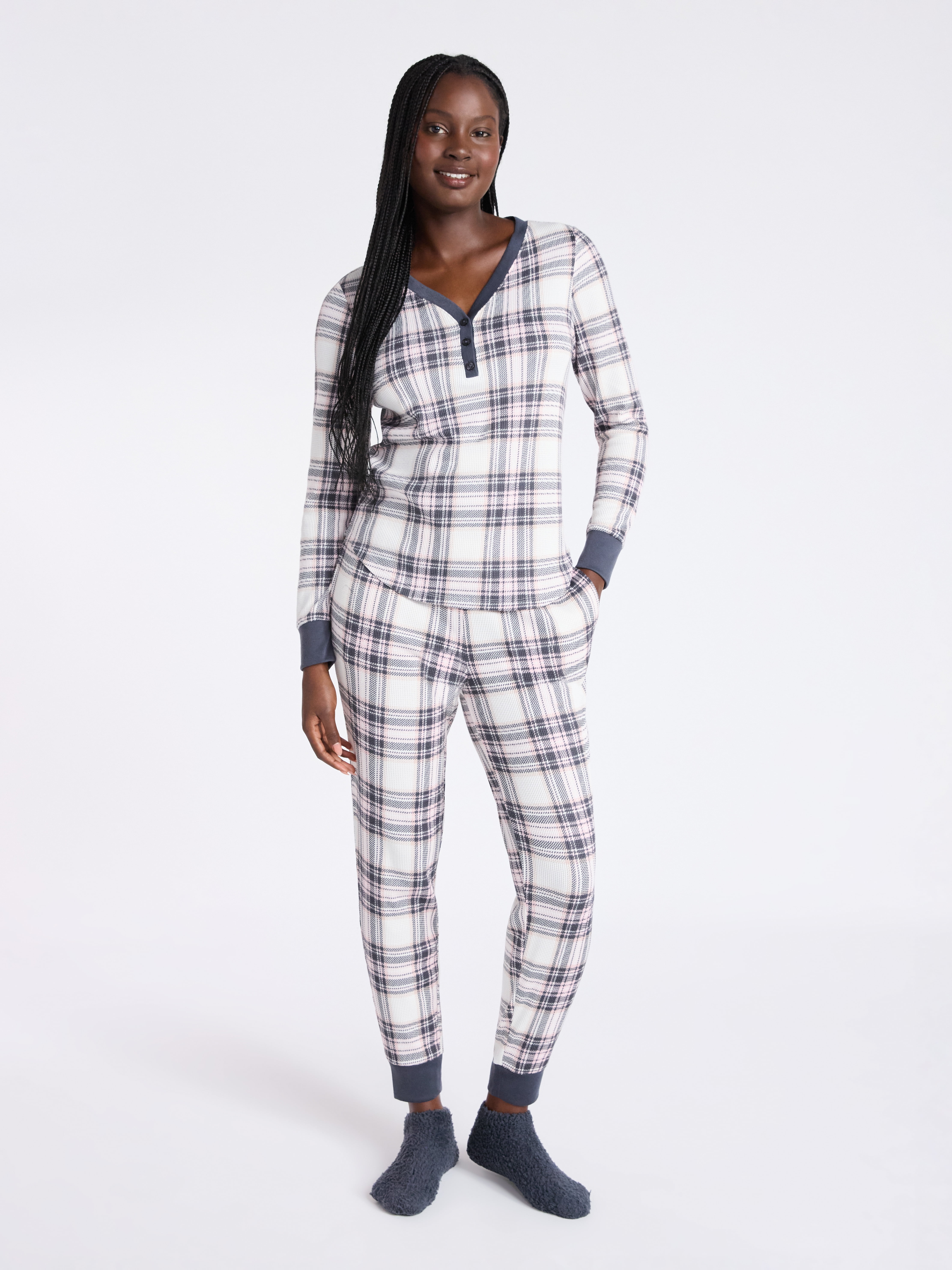 Joyspun Women's Waffle Knit Henley Sleep Top, Joggers and Socks Pajama ...