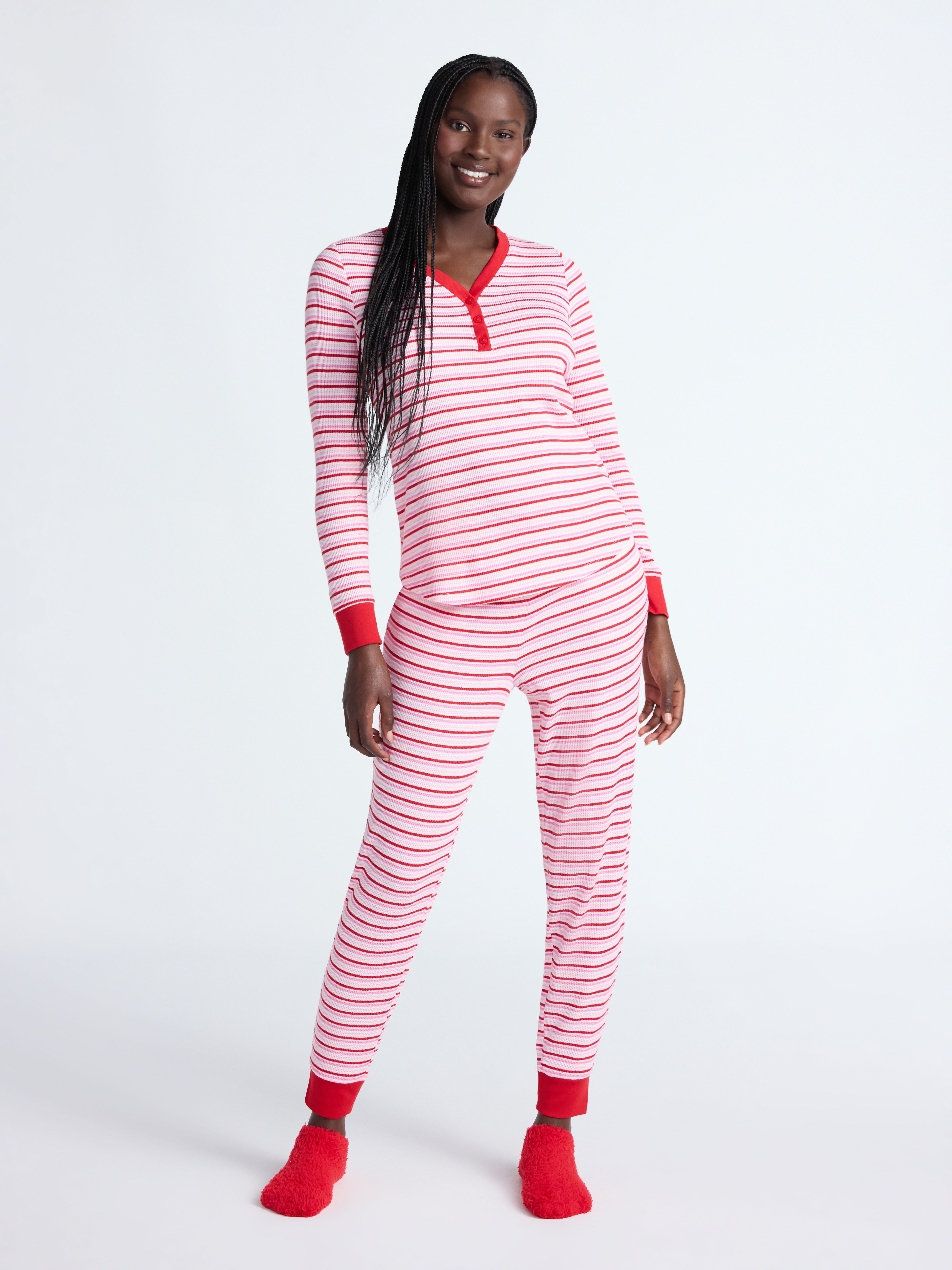 Joyspun Women's Waffle Knit Henley Sleep Top, Joggers and Socks Pajama ...
