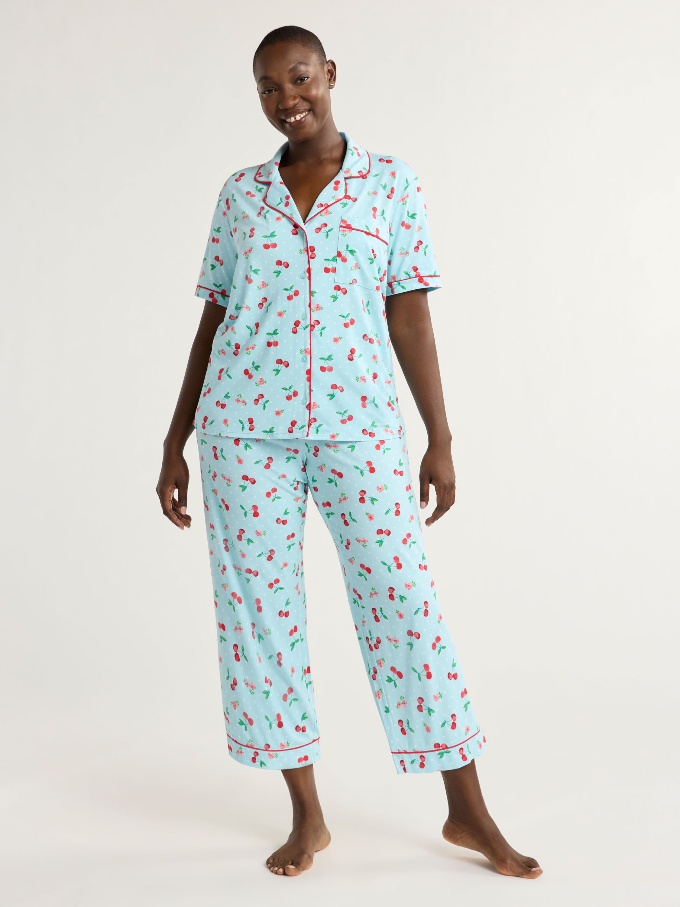 Joyspun Women's Short Sleeve Notch Collar Knit Top & Capri Pajama Set ...