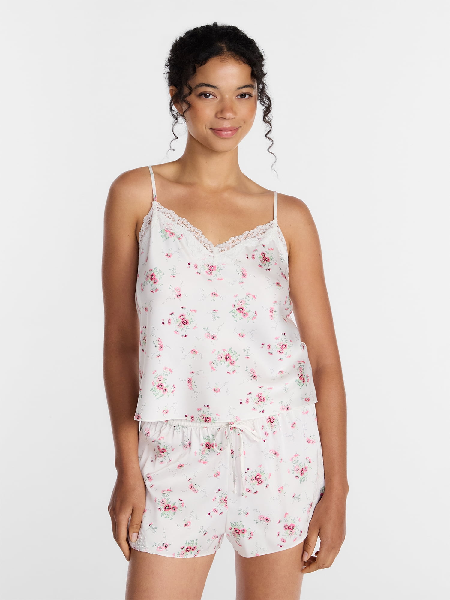 Joyspun Women's Lace Trim Stretch Satin Cami and Shorts Set, 2-Piece ...