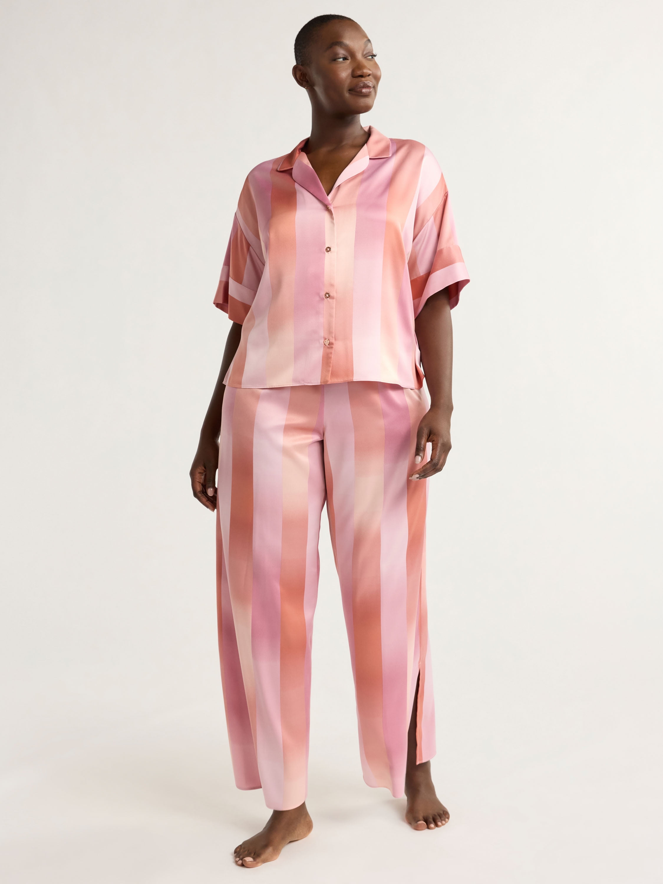 Joyspun Women’s and Women’s Plus Stretch Satin Pajama Set, Sizes S to ...