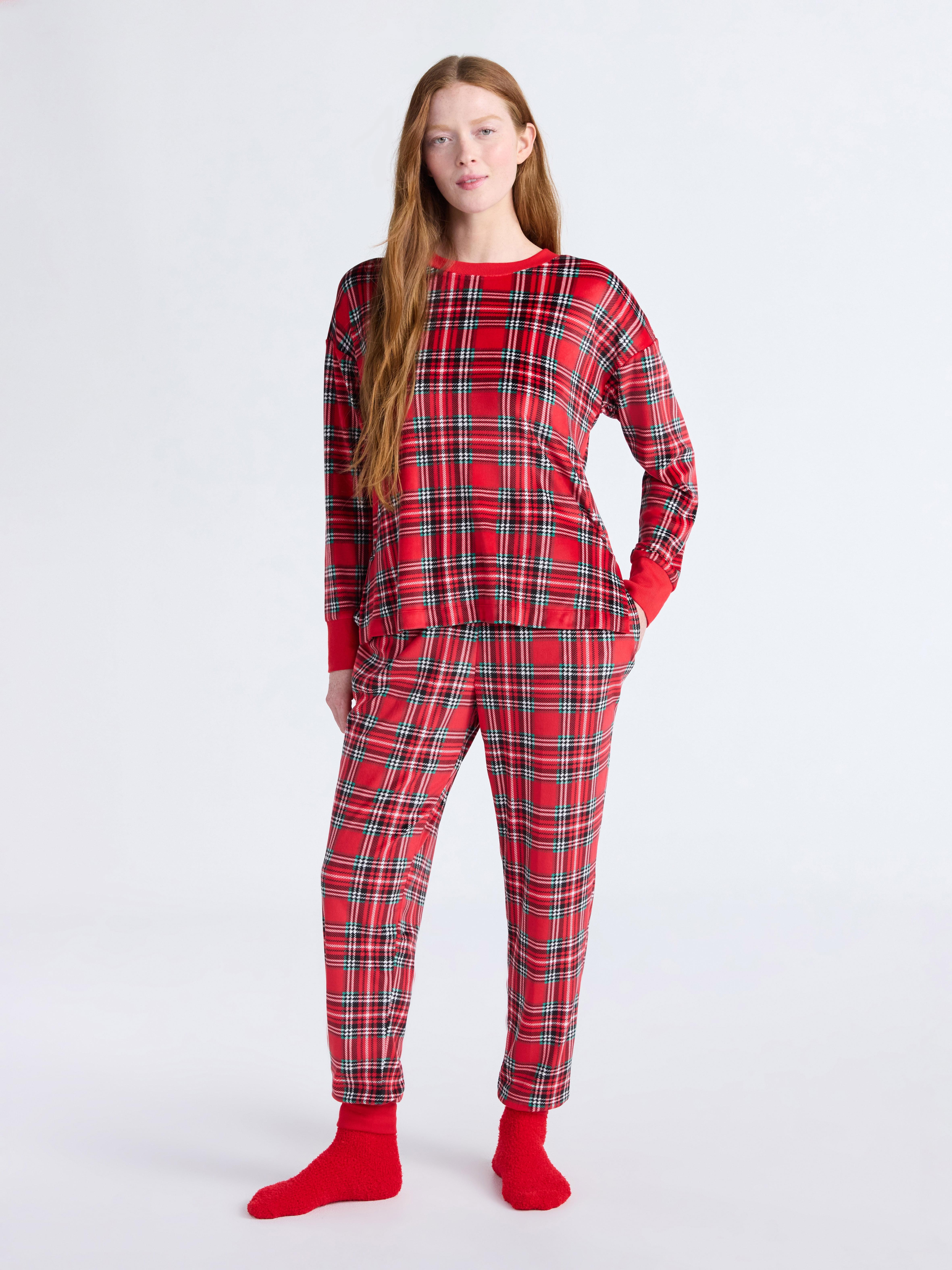 Joyspun Women’s Stretch Velour Long Sleeve Top, Pants, and Socks Pajama ...