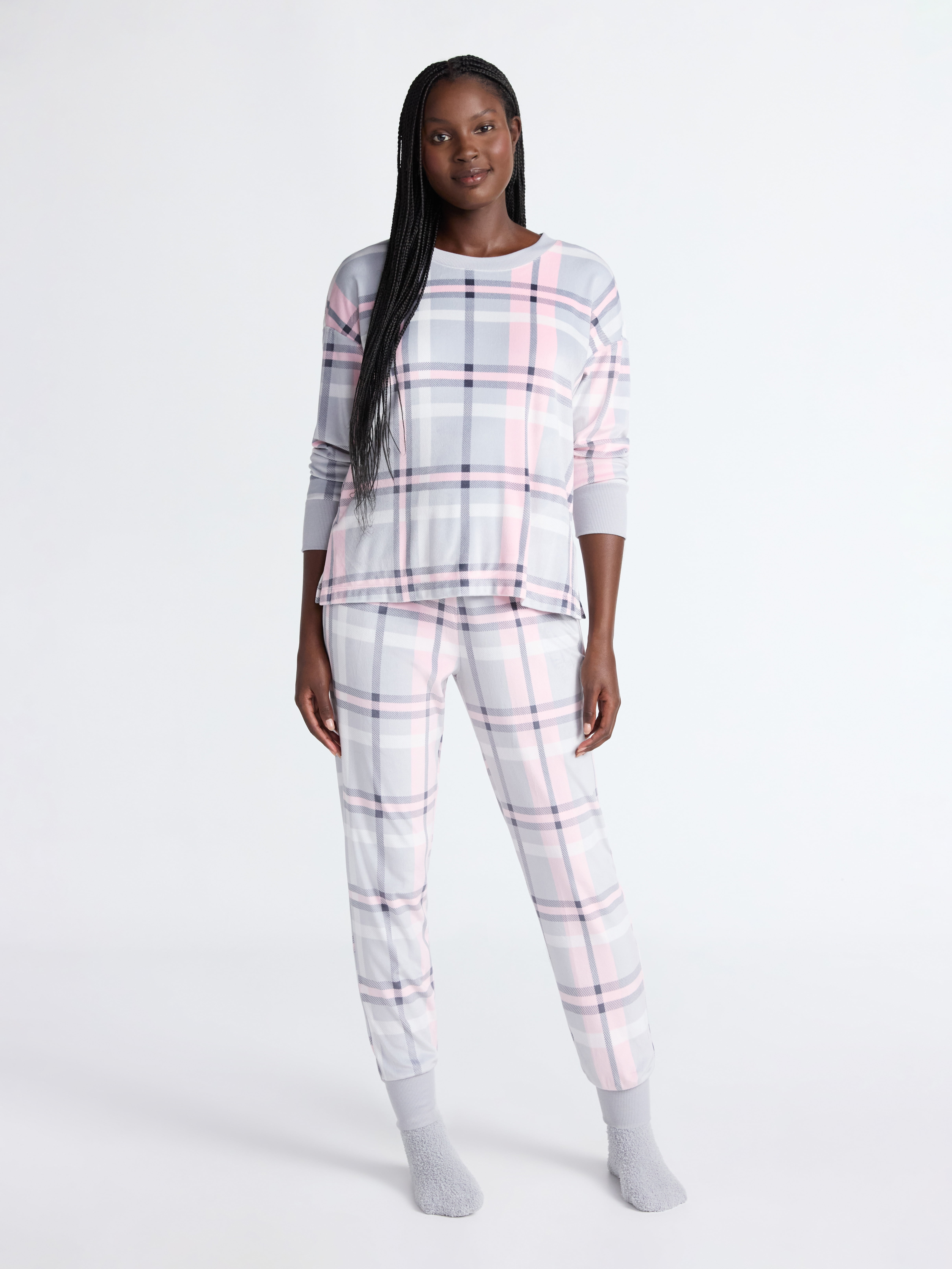 Joyspun Women’s Stretch Velour Long Sleeve Top, Pants, and Socks Pajama ...