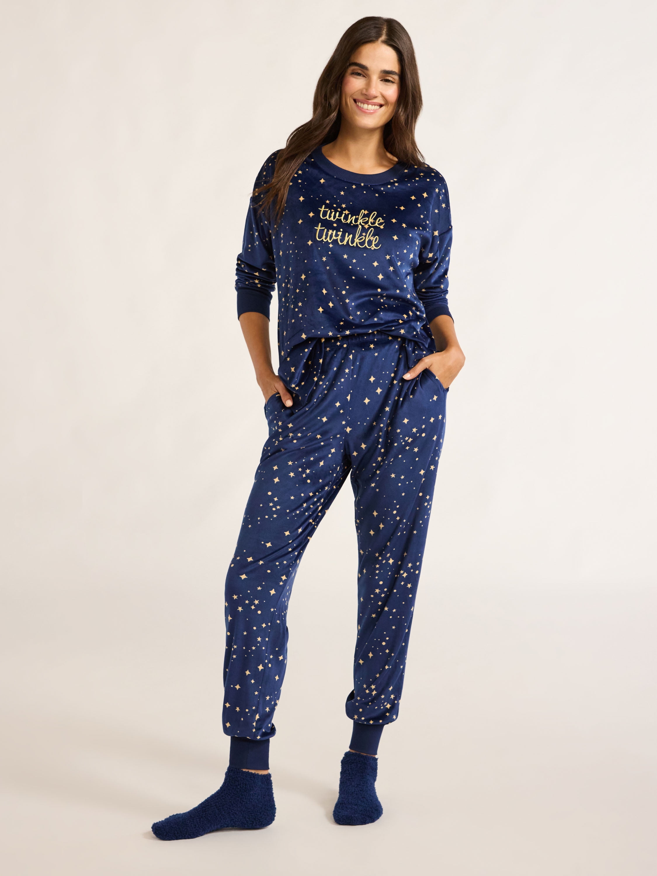 Joyspun Women's Stretch Velour Pajama Set with Socks, 3-Piece, Sizes XS ...